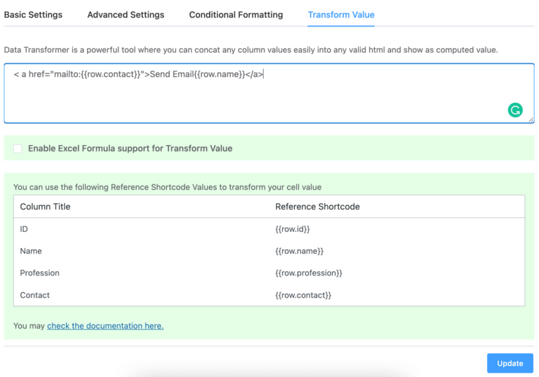 Transform Value in Tables for Dynamic Table Data