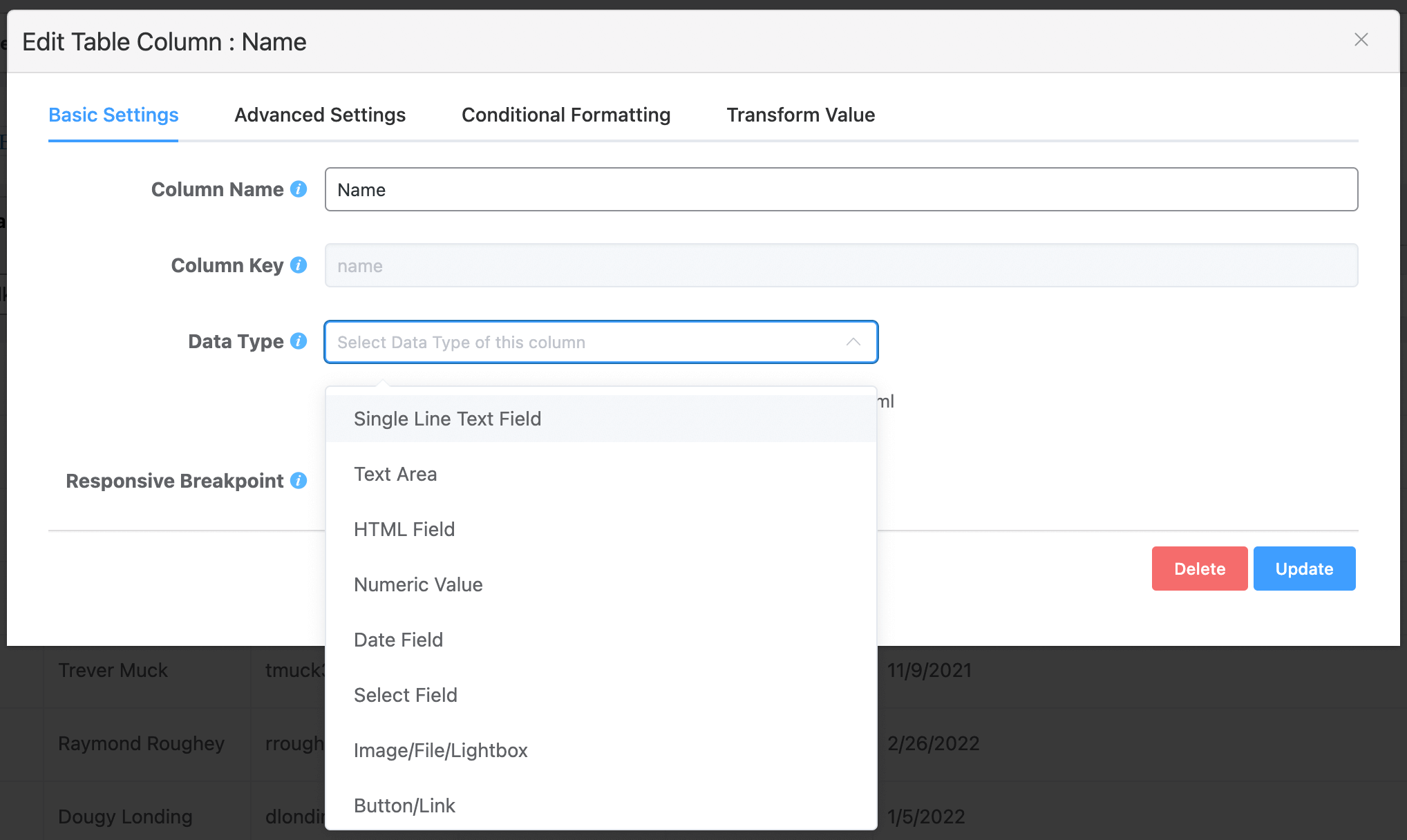 Numeric Value Ninja Tables Data Type