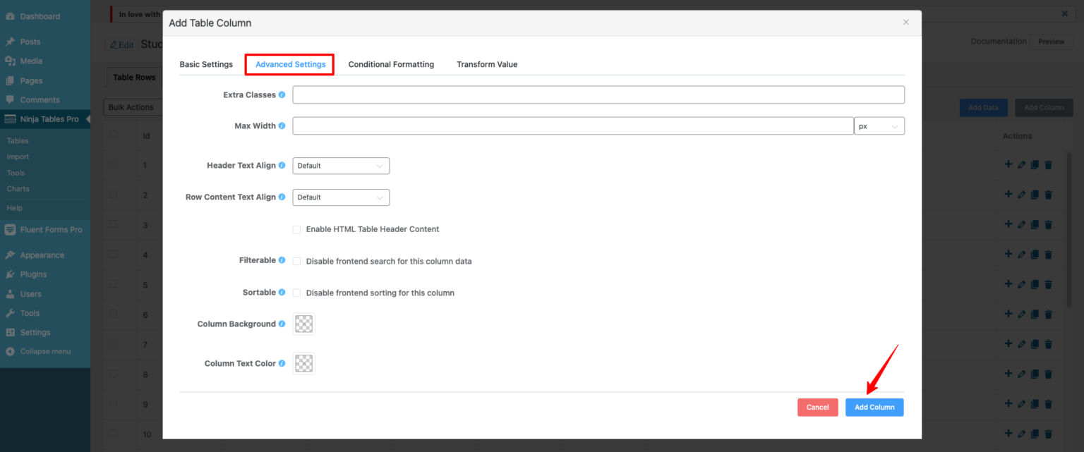 Advanced Table Column Settings - Ninja Tables Columns