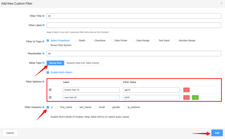 Custom Filters - Ninja Tables Data Filtering