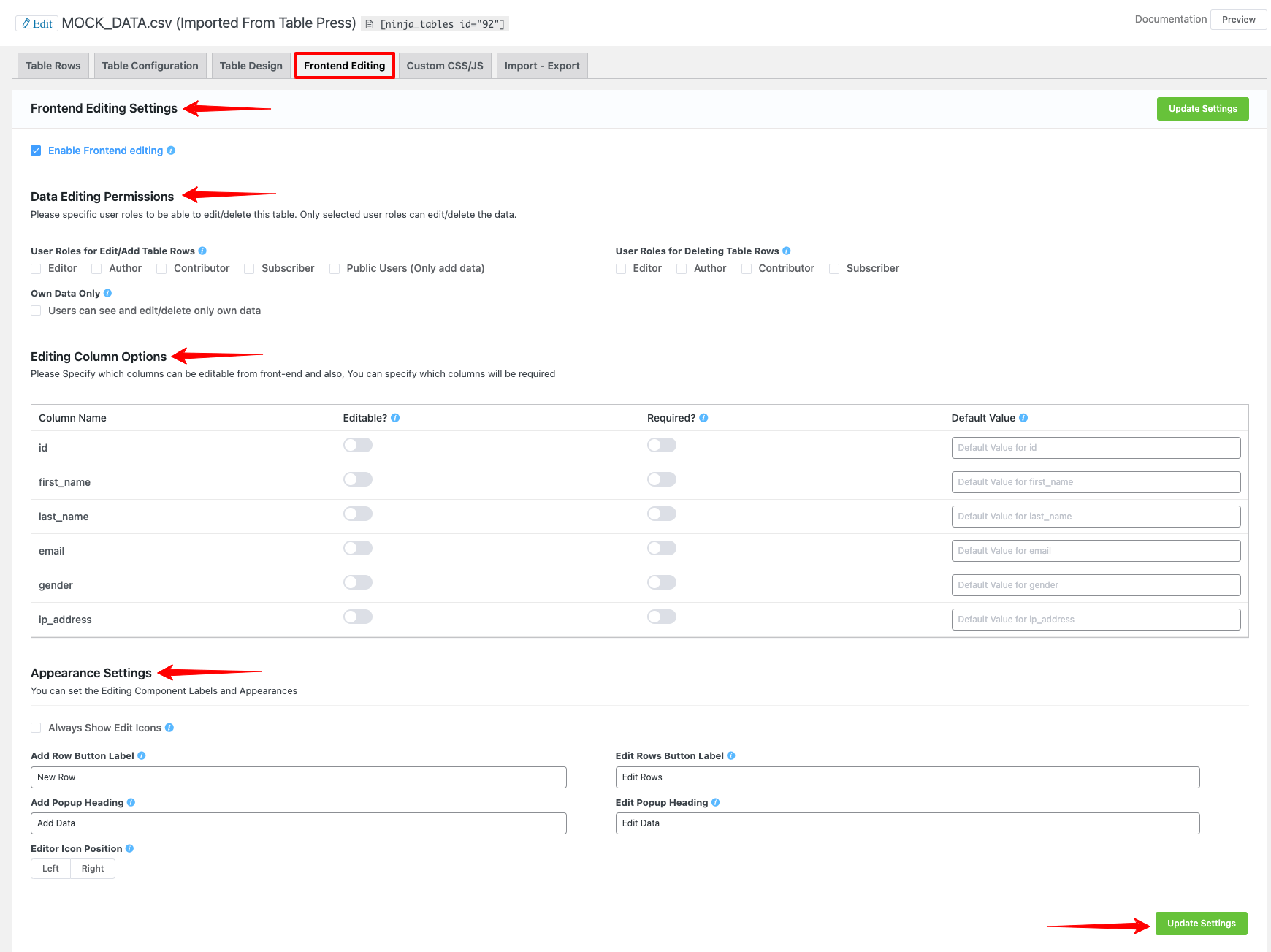 Table Frontend Editing - Ninja Tables