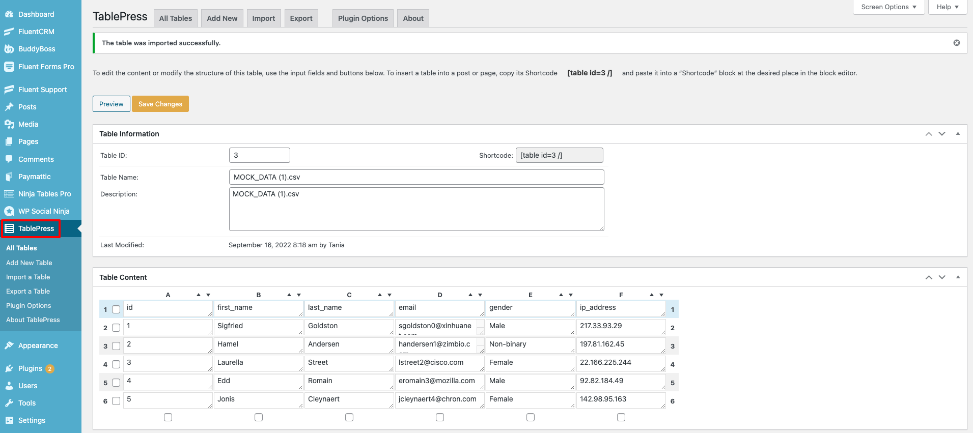 Import Table From Tablepress Plugin Into Ninja Tables