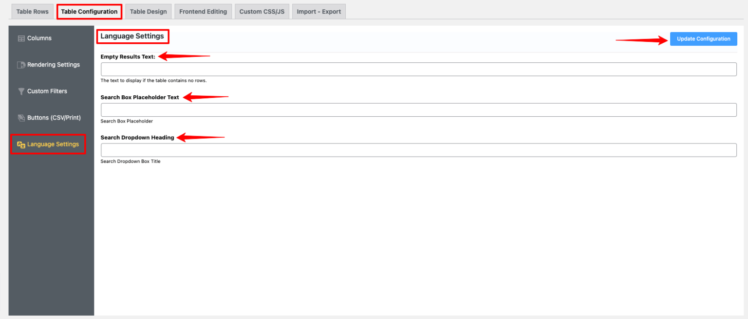 Language Settings Ninja Tables