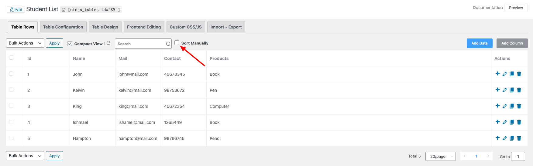 Rearrangement of Rows In Ninja Tables- Manual Row Sort