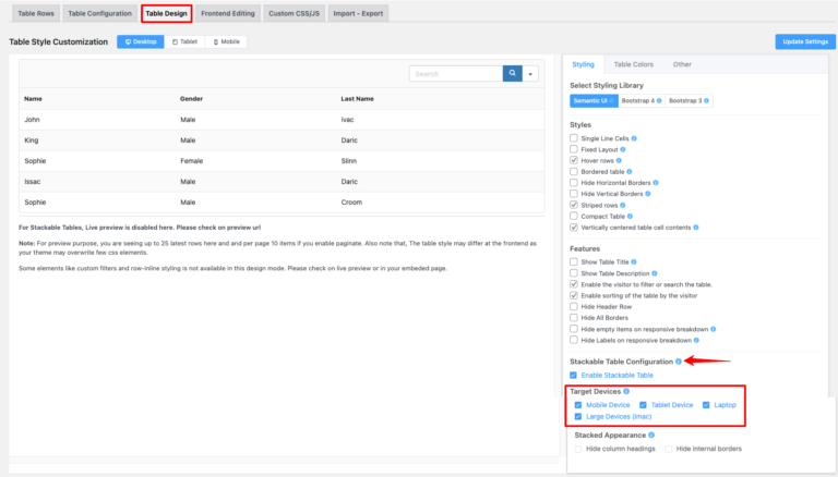 Stackable Table Configuration - Responsive Ninja Tables