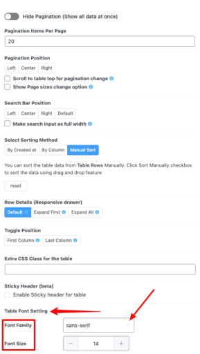 Ninja Tables Data Font Settings