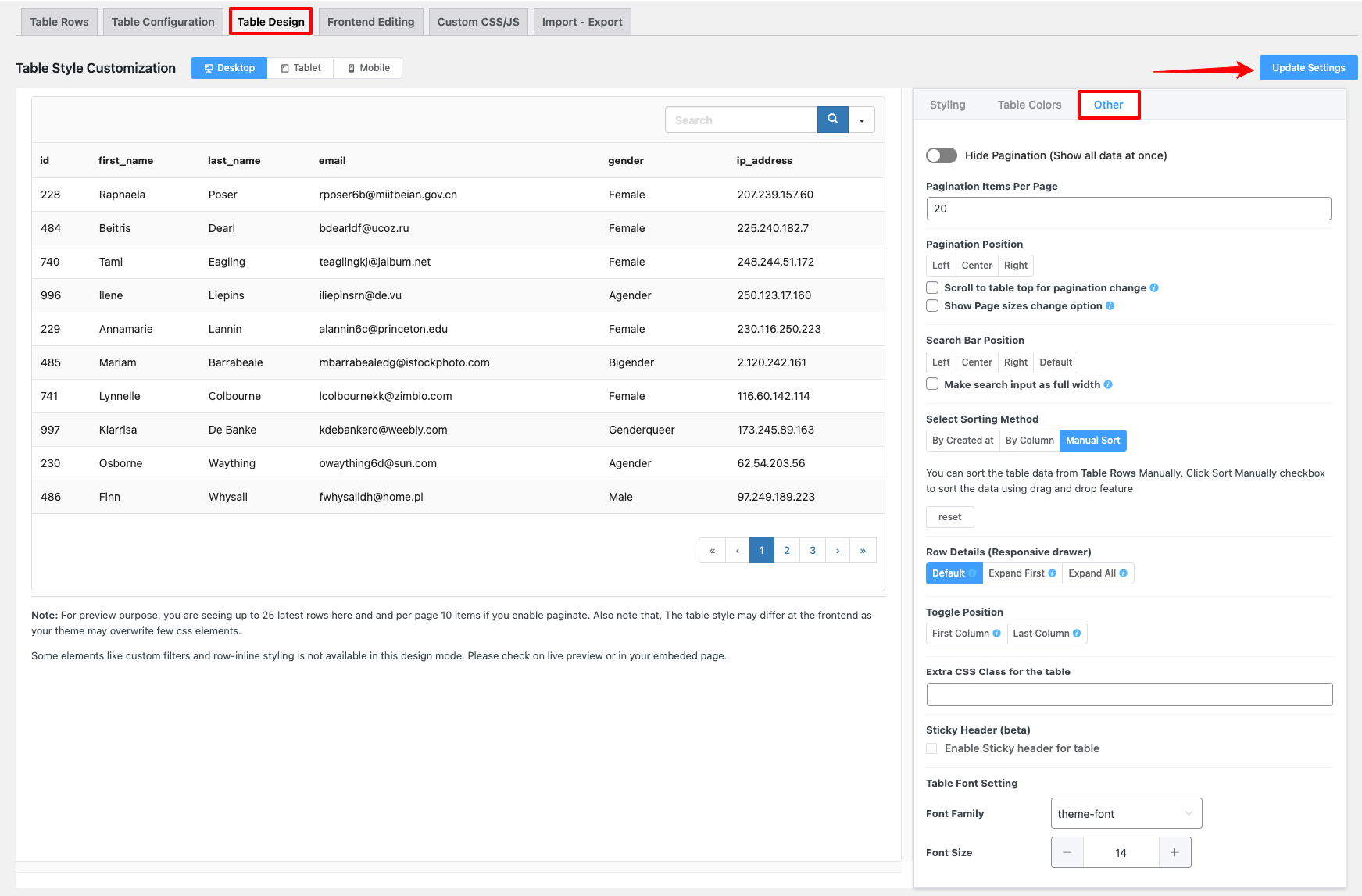 Table Style Settings - Ninja Tables Customization