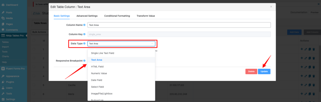 Text Area - Ninja Tables Data Type