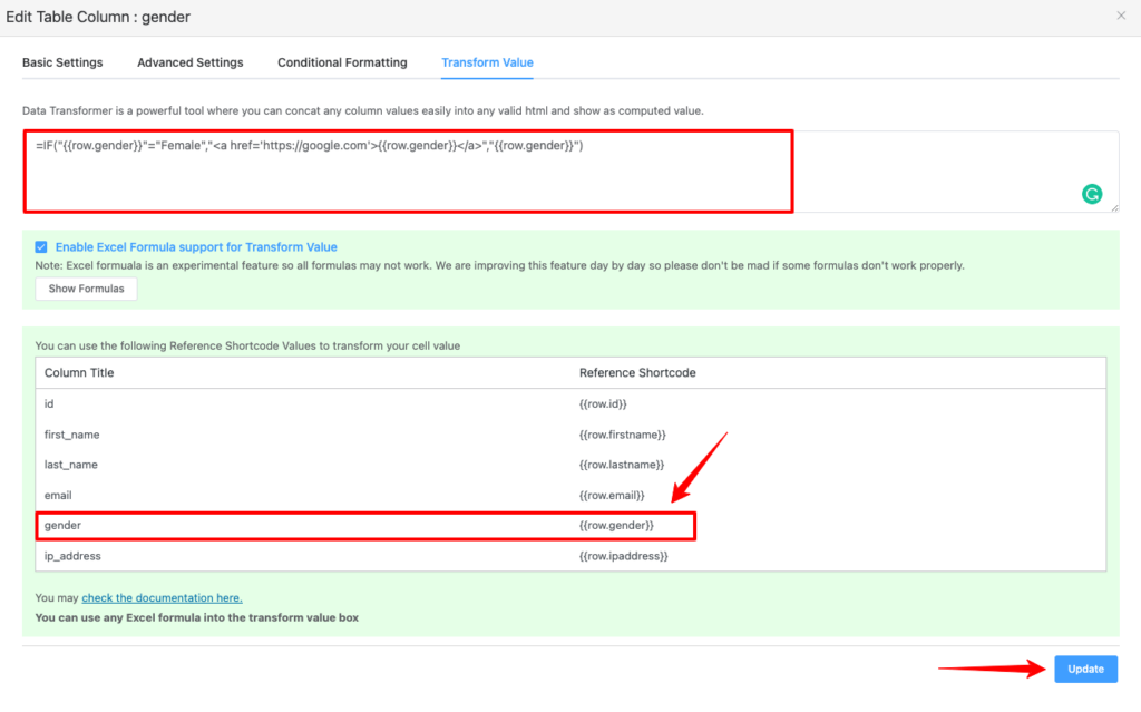 Transform Value in Ninja Tables
