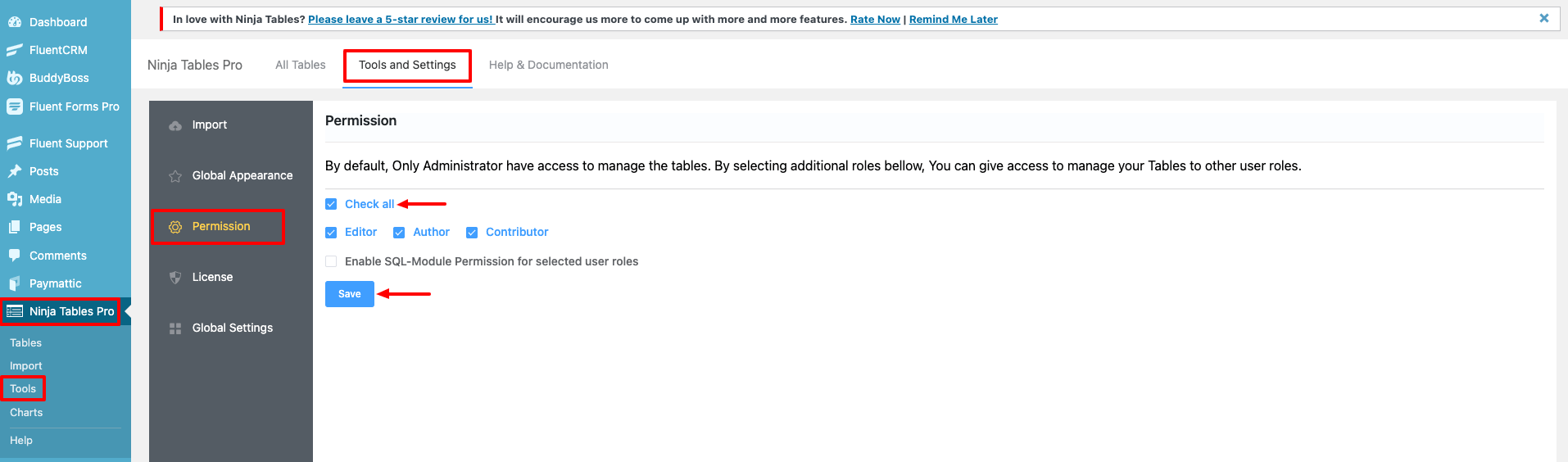 Ninja Tables User Role Permission