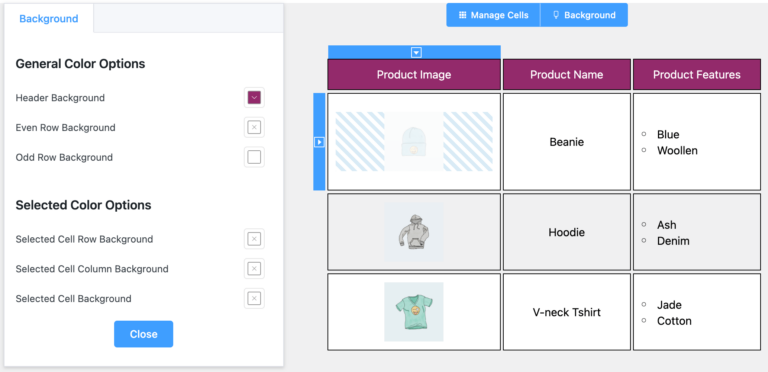 Table Background Color Customizing