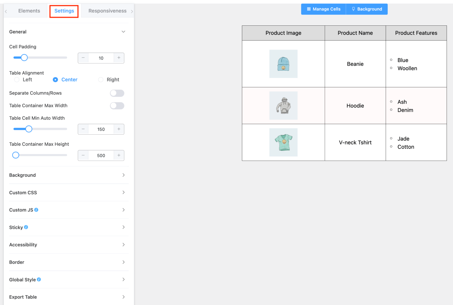 Table Settings and Customization in Drag and Drop Builder