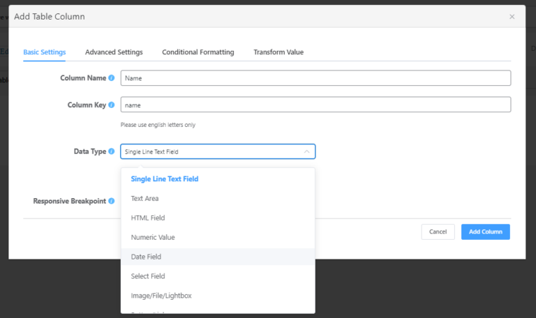 7 Dynamic Data Types Configuring Table Columns