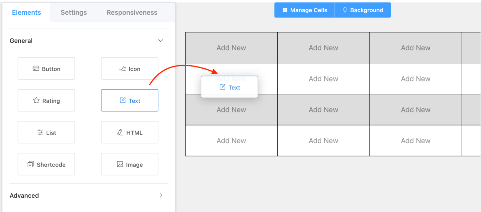 Text Element in Ninja Tables Drag and Drop