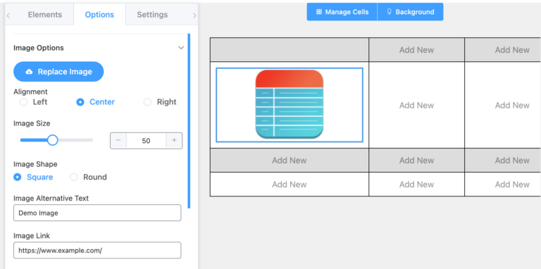 Insert Image Element in Ninja Tables Drag and Drop