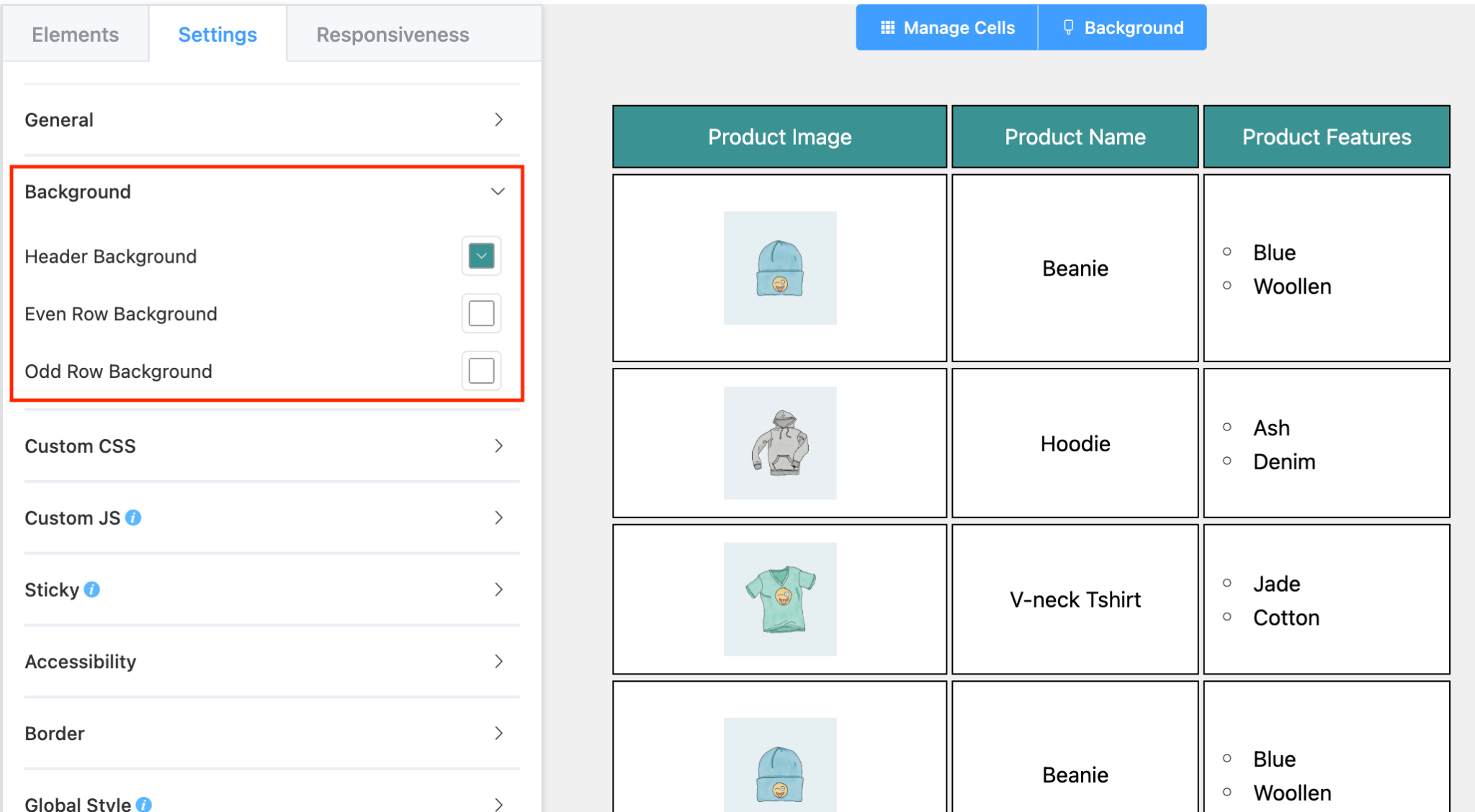 Table Settings And Customization In Drag And Drop Builder