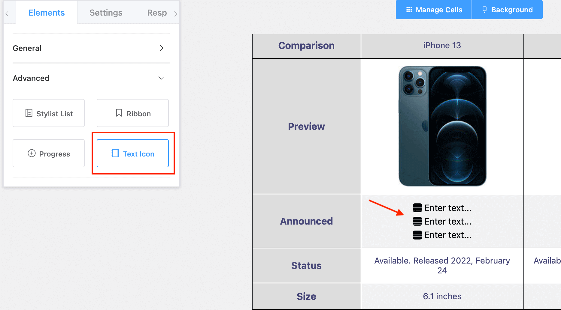 Text Icon Element in Ninja Tables