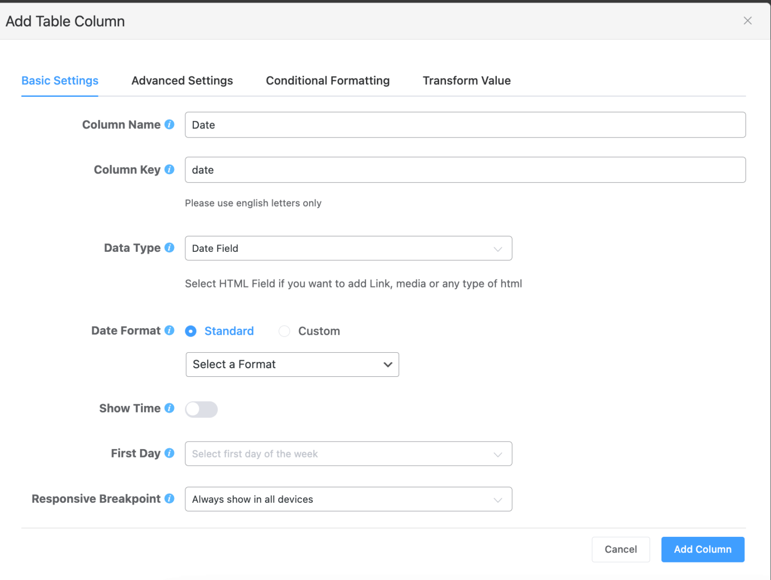 Date Field - Ninja Tables Data Type