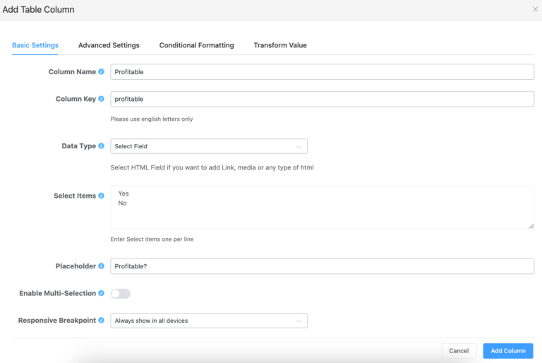 Select Field - Ninja Tables Data Types