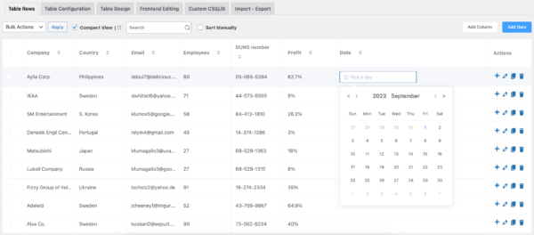 Date Field - Ninja Tables Data Type