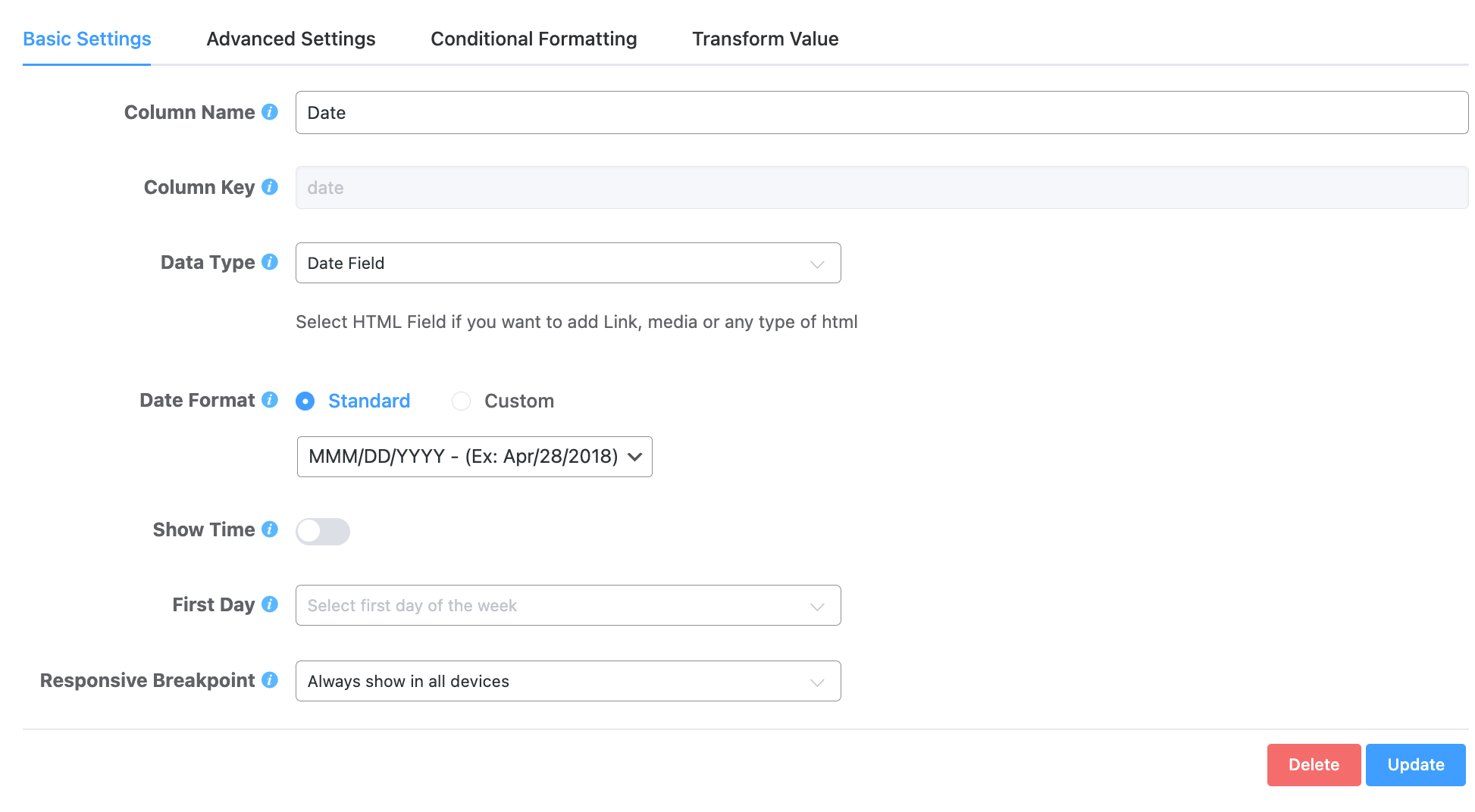 Date Field - Ninja Tables Data Type