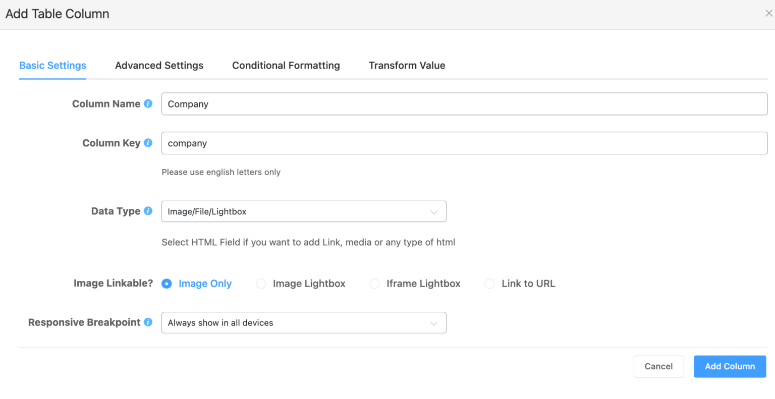 Image/File/Lightbox - Ninja Tables Data Type