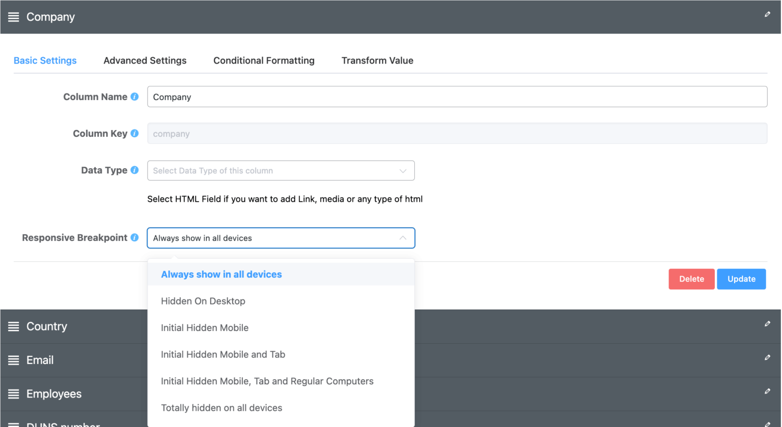 Table Column Responsive Breakpoints - Ninja Tables Table Column Responsive Breakpoints - Ninja Tables