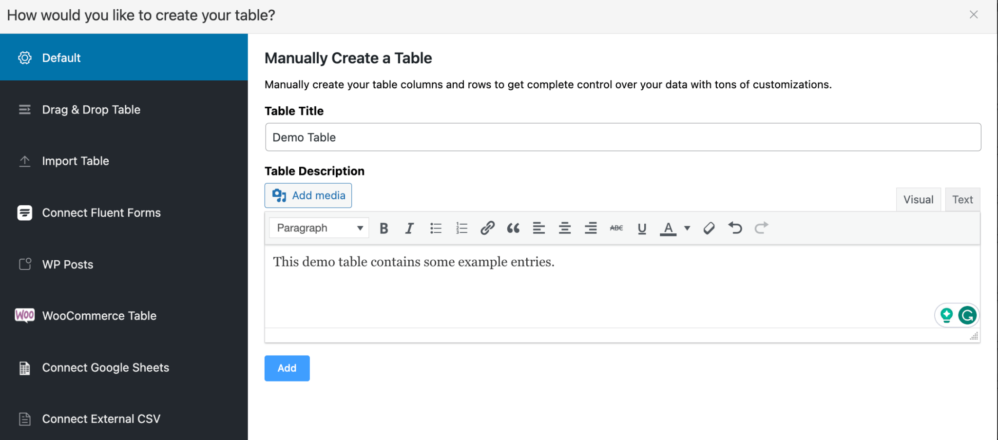 Table Title and Description Settings