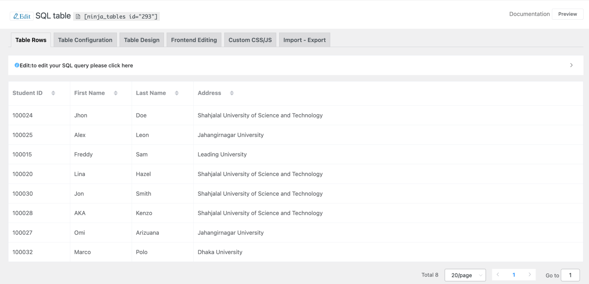 Create Table from Custom SQL - Ninja Tables