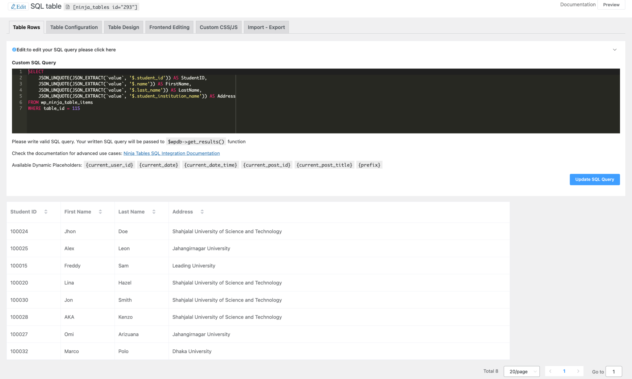 Create Table from Custom SQL - Ninja Tables