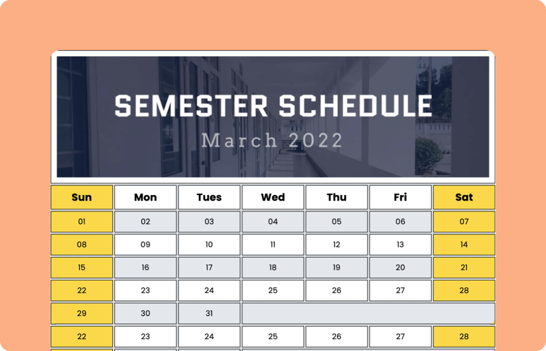 Semester Schedule Table Template