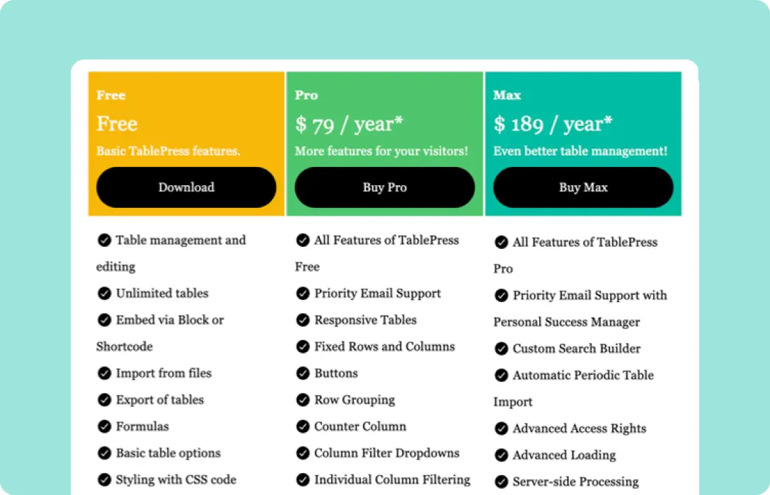 TablePress Pricing Table Template